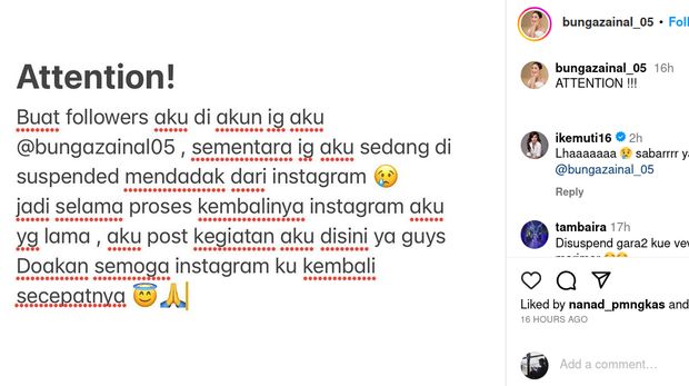 Bunga Zainal Kabarkan Akun Instagramnya Disuspend, Berharap Dapat ... Bunga Zainal Kabarkan Akun Instagramnya Disuspend, Berharap Dapat ...