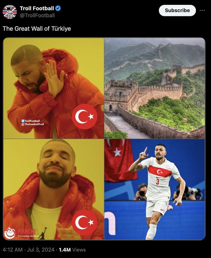 Meme Turki Libas Austria: Demiral seperti Ronaldo dan Tembok China!