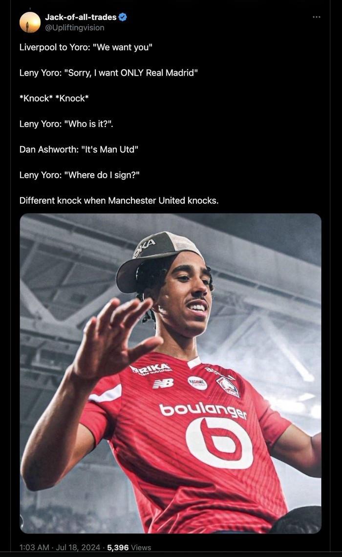 Meme Fans MU Sambut Leny Yoro, Sebut-sebut Madrid dan Liverpool