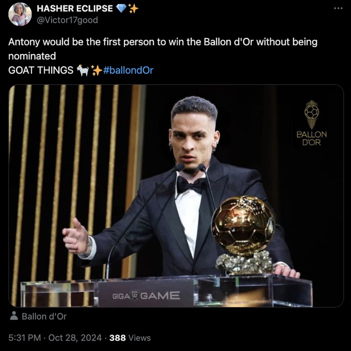 Meme Satire Antony 'Dirampok' karena Tak Dapat Ballon d'Or 2024