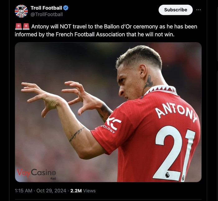 Meme Satire Antony 'Dirampok' karena Tak Dapat Ballon d'Or 2024