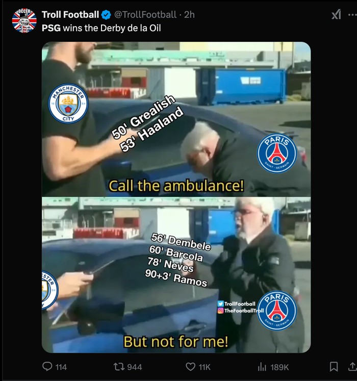Meme Kocak Man City Kalah di 'Derby Minyak' Lawan PSG