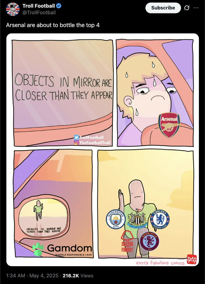 Meme: Arsenal Sudah Gagal Juara, Kini Terancam Digeser Rival Lain Pula