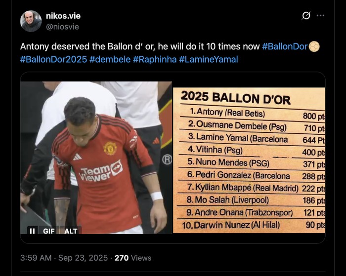 Meme Kocak Ballon d'Or 2025: Antony Dirampok, Harusnya Menang!