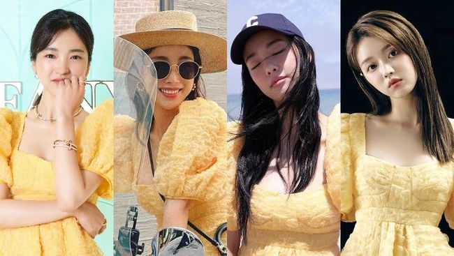 Satu Outfit Beda Gaya: 4 Selebriti Korea dengan Dress Kuning, Tampak ...